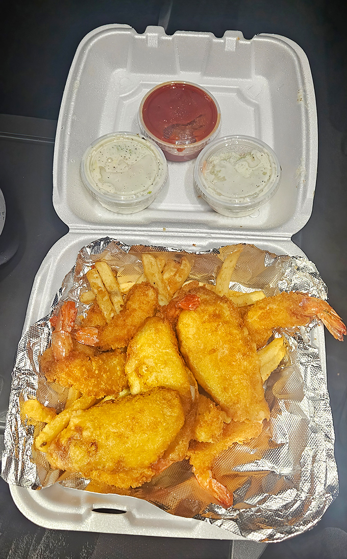 Golden-fried shrimp and fries in their foam throne&mdash;proof that Rosati's seafood game deserves your attention too.