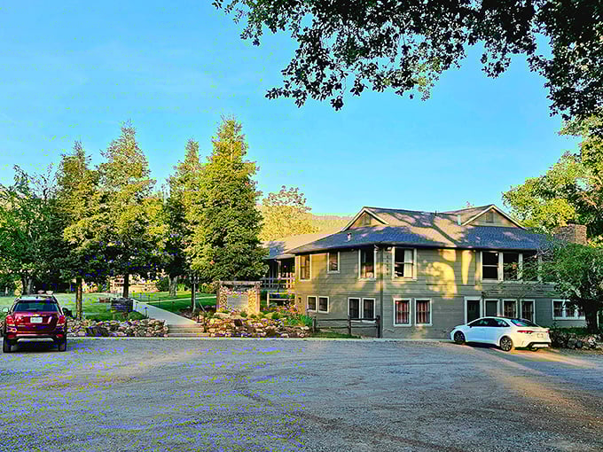 Sierra Sky Ranch glows golden in evening light, promising comfortable beds after days filled with Yosemite adventures.