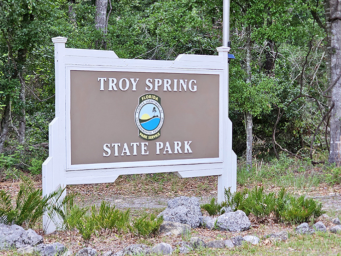 The park's entrance sign &ndash; your official invitation to one of Florida's best-kept secrets. No velvet rope, just pure natural VIP treatment ahead.