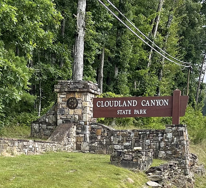 The entrance sign built to last, just like the memories you'll make here. Solid stone welcomes adventurers to Georgia's natural wonder.