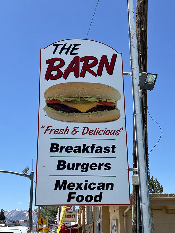 The sign says it all: "Fresh & Delicious" isn't just a slogan, it's a solemn promise that The Barn delivers on with every single bite.