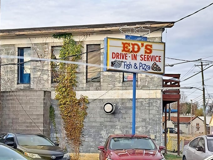 The vintage sign promises "Drive-In Service" and delivers on tradition. Some things are better left unchanged.