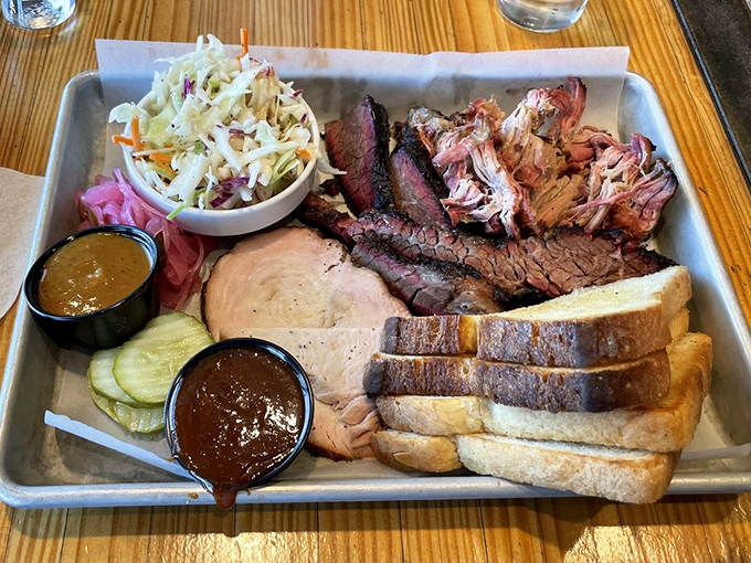 The meat tray that launched a thousand food photos—a barbecue greatest hits album featuring brisket, pulled pork, and turkey with all the fixings.