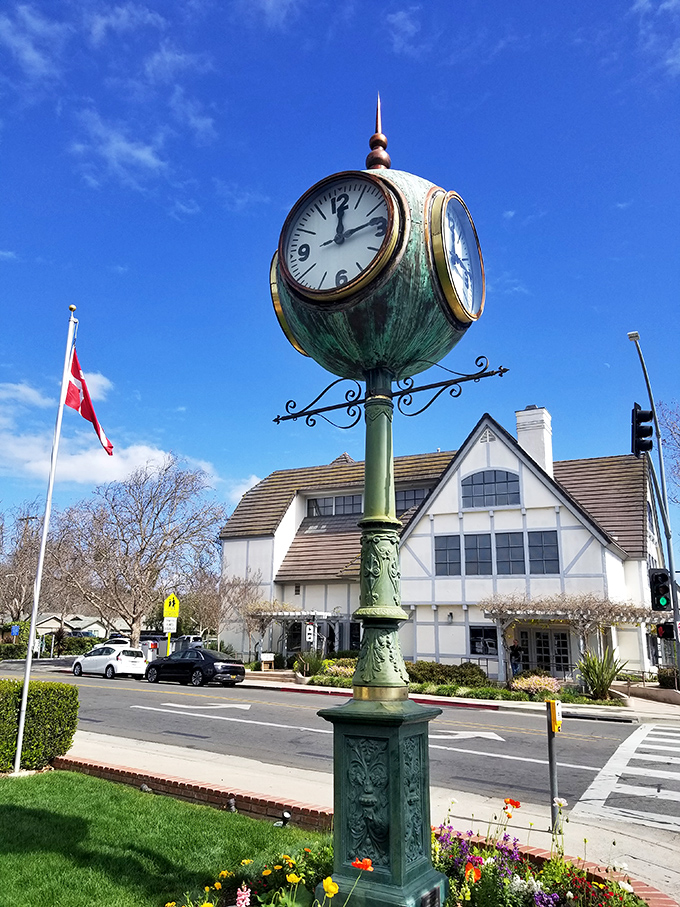 This ornate street clock doesn't just tell time—it transports you to another era. Danish design meets California craftsmanship under perpetually blue skies.