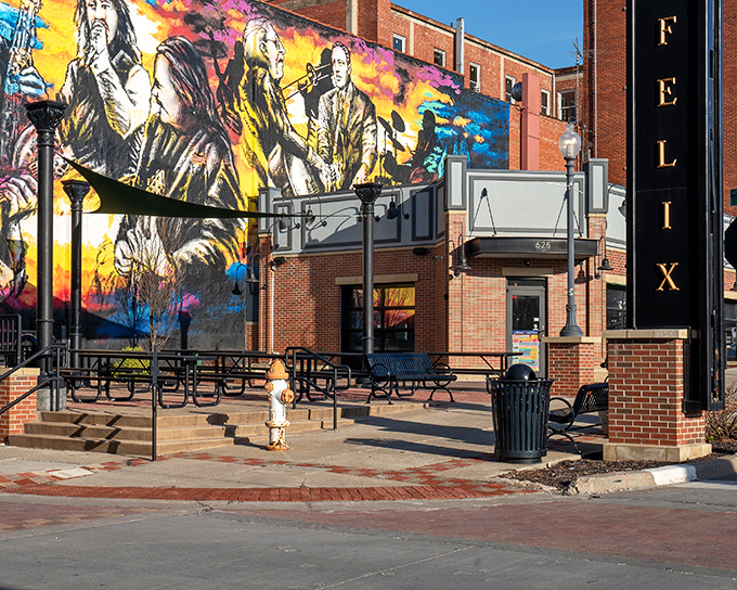 This vibrant jazz mural outside Felix Street Square captures the soul of St. Joseph's musical heritage with strokes as bold as Coleman Hawkins' saxophone solos.