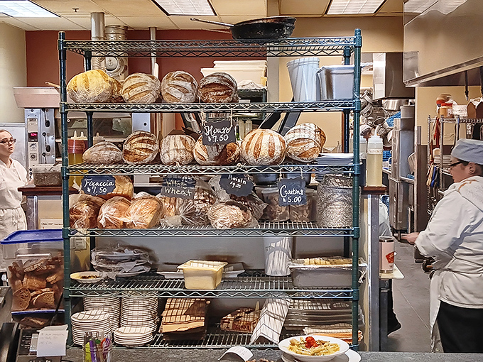 Where the magic happens—fresh-baked bread lined up like delicious soldiers ready for their mission to your table.