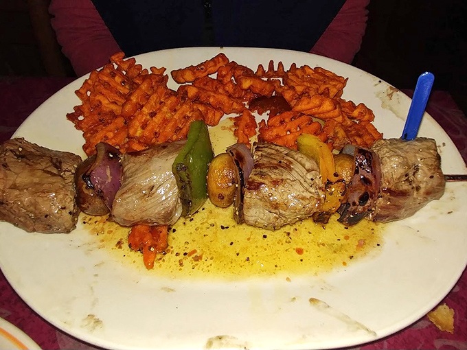 Steak on a skewer—because sometimes the best way to enjoy beef is when it's alternating with grilled vegetables on a meat javelin.