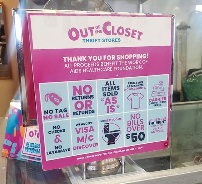 The store's straightforward guidelines remind us that thrifting comes with its own etiquette—no returns, no regrets, just treasures as they are.