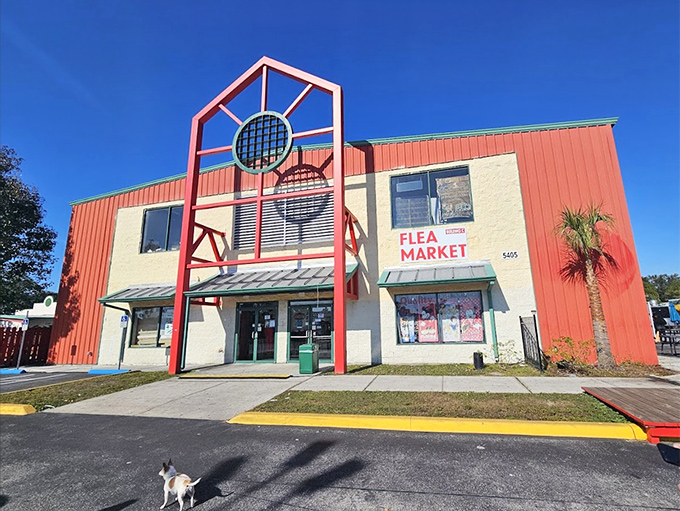 The distinctive red and white exterior stands as a beacon to bargain hunters, promising air-conditioned treasure hunting inside.