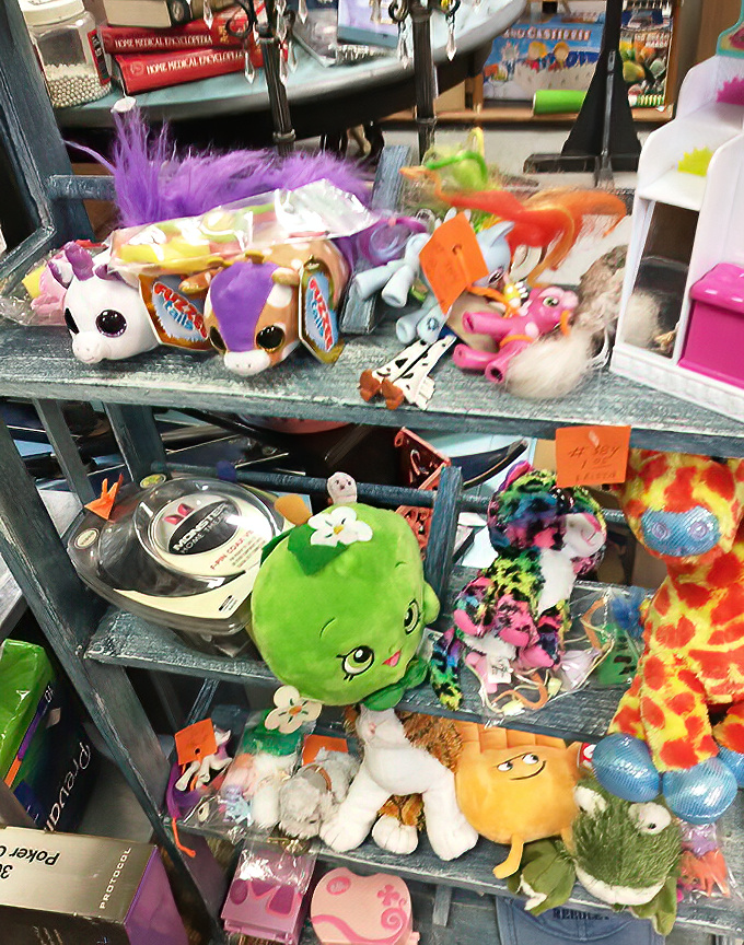 Stuffed animals waiting for second chances &ndash; that green fellow seems particularly optimistic about finding a new home on someone's shelf.