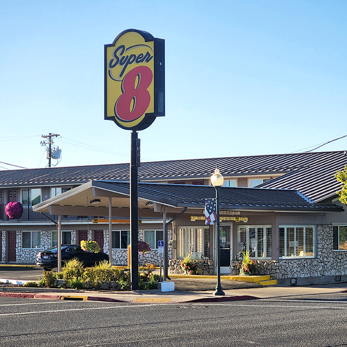 The Super 8 offers weary travelers a stone-accented welcome &ndash; proof that even chain hotels adapt to Alturas' rustic charm.