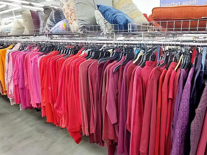Color-coordinated clothing racks that would make Marie Kondo weep with joy. The pink section alone could outfit a Barbie convention.