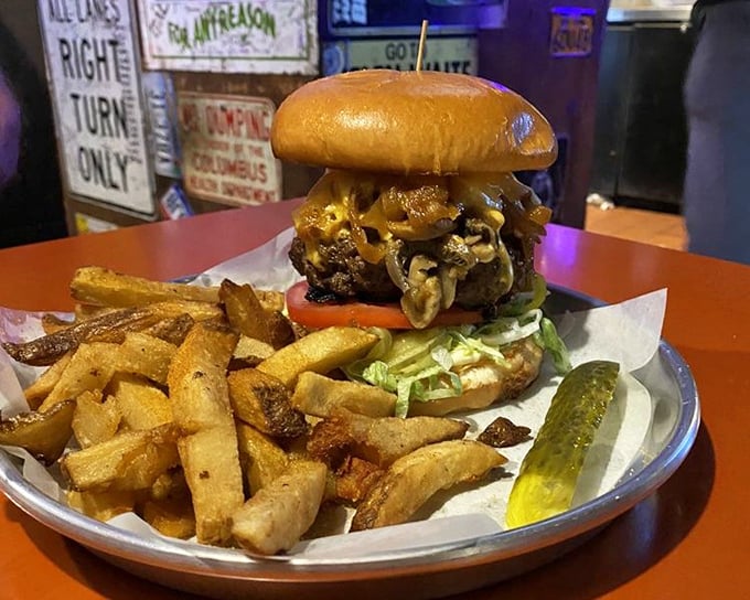 The legendary Thurman Burger in its natural habitat &ndash; surrounded by hand-cut fries and a pickle, awaiting its destiny.