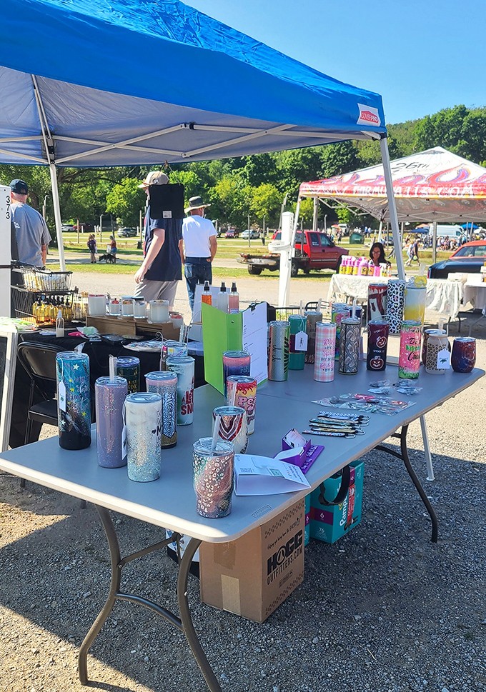 Modern meets vintage as colorful tumblers glisten under the Ohio sun, proving that not everything at Rogers is covered in charming dust.