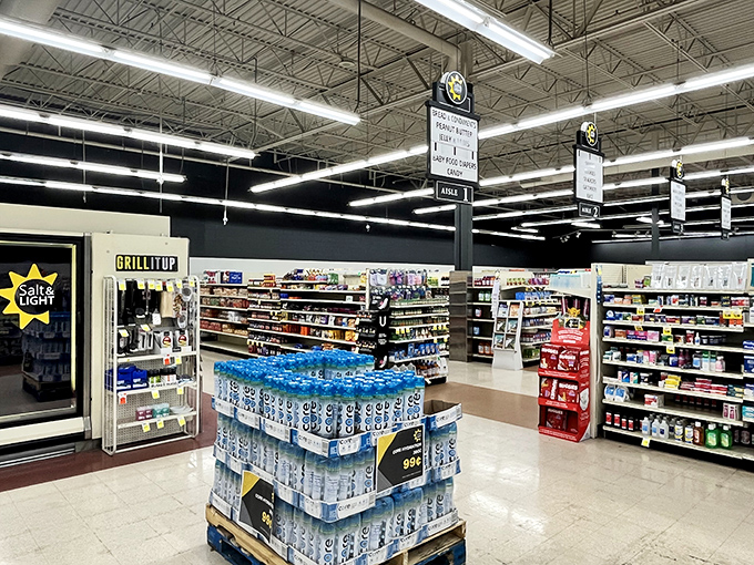 Bright overhead lighting illuminates a grocery wonderland where essentials meet affordability&mdash;a rare combination in today's economy.