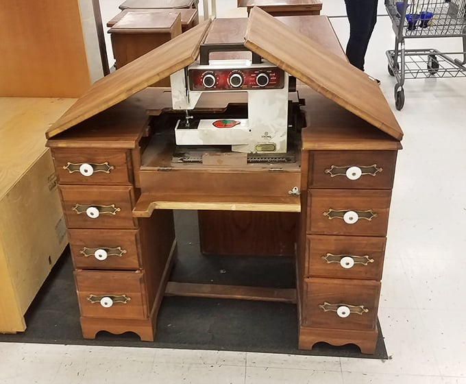 Not just a desk&mdash;a conversation piece with hidden drawers and a surprise sewing machine. Grandma's crafting station gets a second life!
