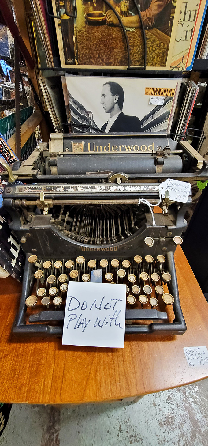 "DO NOT PLAY WITH"&mdash;sage advice for this vintage Underwood typewriter. Imagine the letters, novels, and love notes that danced across these keys.