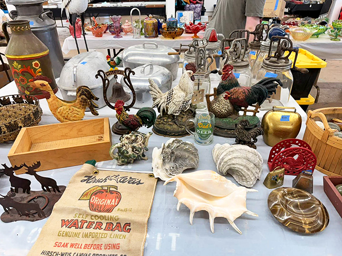 A tabletop time capsule of Americana – from vintage water bags to rooster figurines. Yesterday's everyday items become today's coveted collectibles.