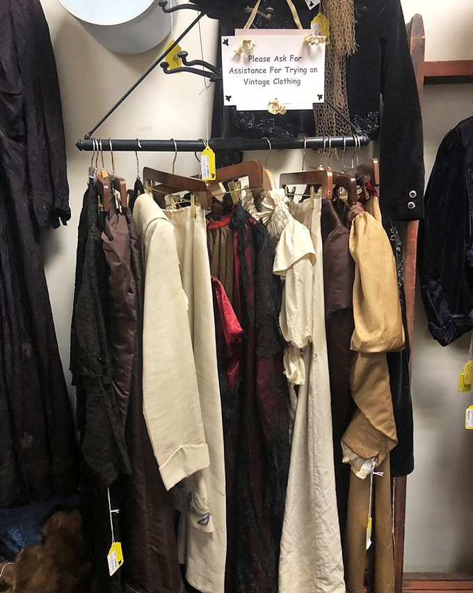 Vintage clothing that whispers "try me on" and transforms ordinary shoppers into time travelers with the simple slip of a sleeve.