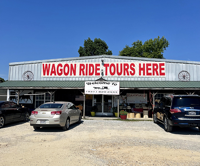 "Wagon Ride Tours Here" promises the authentic Amish country experience&mdash;just don't expect your guide to pose for selfies or share their Instagram handle.