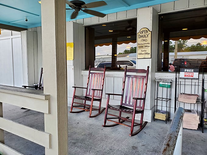 Rocking chairs on the porch say "stay awhile" &ndash; the perfect spot to contemplate whether a third trip to the buffet is excessive or essential.