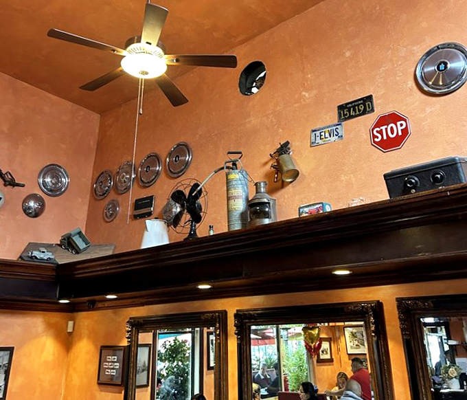 Vintage road signs and automotive memorabilia adorn the walls, reminding you this place has character you can't manufacture.