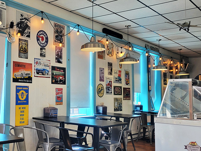 String lights and vintage automotive signs create an atmosphere that's both nostalgic and Instagram-worthy&mdash;the best of both worlds.