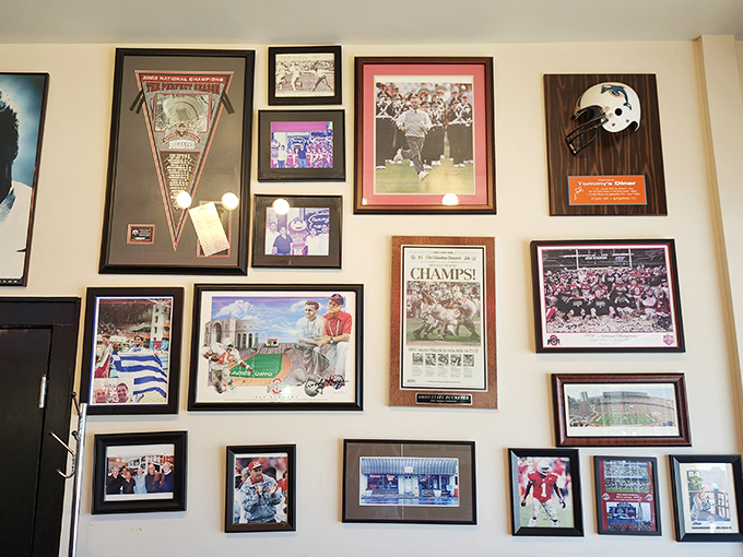 Ohio State memorabilia shares wall space with sports legends. In Columbus, even breakfast comes with a side of Buckeye pride.