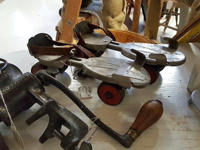 Vintage roller skates and hand-crank tools&mdash;childhood joy and adult labor sitting side by side like old friends sharing stories.