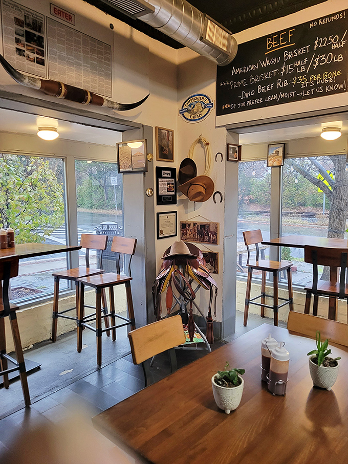 Window seating offers a front-row view to Riverdale Park life, where every table becomes a stage for the drama of deciding what to order next.