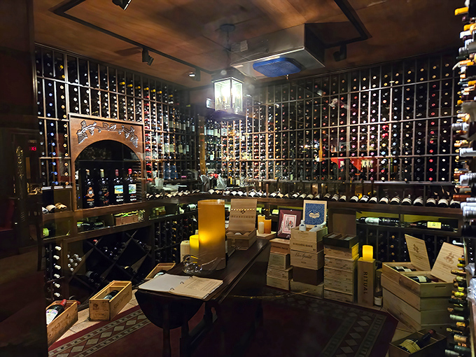 The wine cellar houses an impressive collection of bottles, primarily robust reds ready to meet their beefy soulmates.