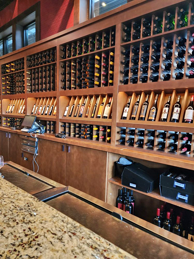 The wine display isn't just storage &ndash; it's art. Each bottle waits patiently for its moment to shine at someone's table.