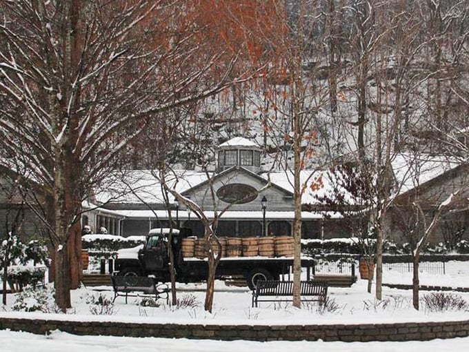 Winter transforms the distillery into a snow-covered wonderland. The barrels and buildings take on a quiet dignity under their blanket of Tennessee snow.