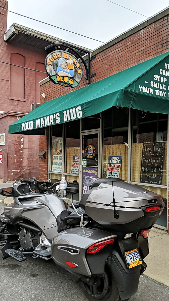Your Mama's Mug welcomes bikers and locals alike. The cheeky name delivers on its promise of unpretentious good times and cold beverages.