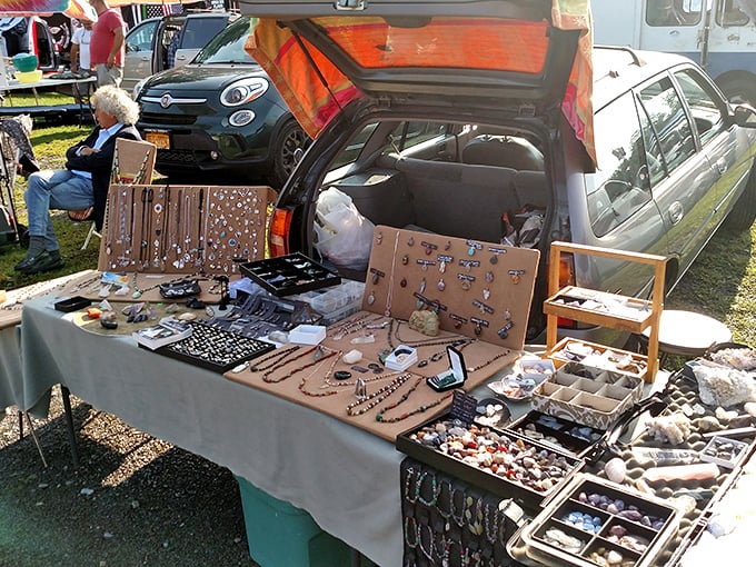 Jewelry displayed with entrepreneurial ingenuity. Car trunk boutiques prove the best shopping experiences often happen in the most unexpected venues.