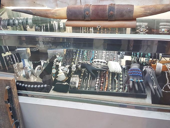 Jewelry display case topped with what appears to be a longhorn&mdash;because in Tennessee, even accessory shopping comes with a touch of the wild.