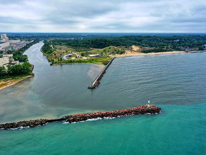 From above, the meeting of river and lake creates a watercolor masterpiece of blues and greens that no artist could fully capture.