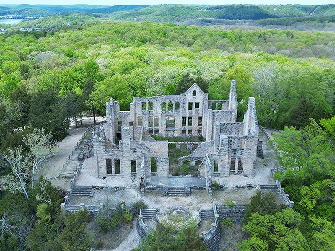 Bird's-eye brilliance reveals the castle ruins in their forest throne. From up here, you can almost imagine the grand parties once planned.