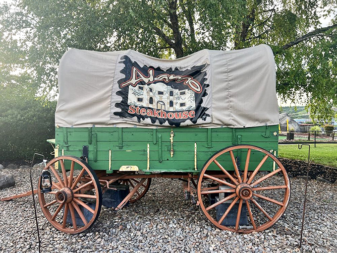 This covered wagon outside isn't just decoration &ndash; it's how they haul in the massive quantities of beef needed to satisfy the hungry hordes.