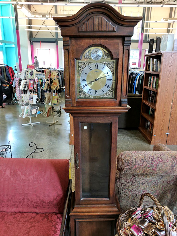 Time stands still for no one, except perhaps for this majestic grandfather clock waiting to make a statement in your home.