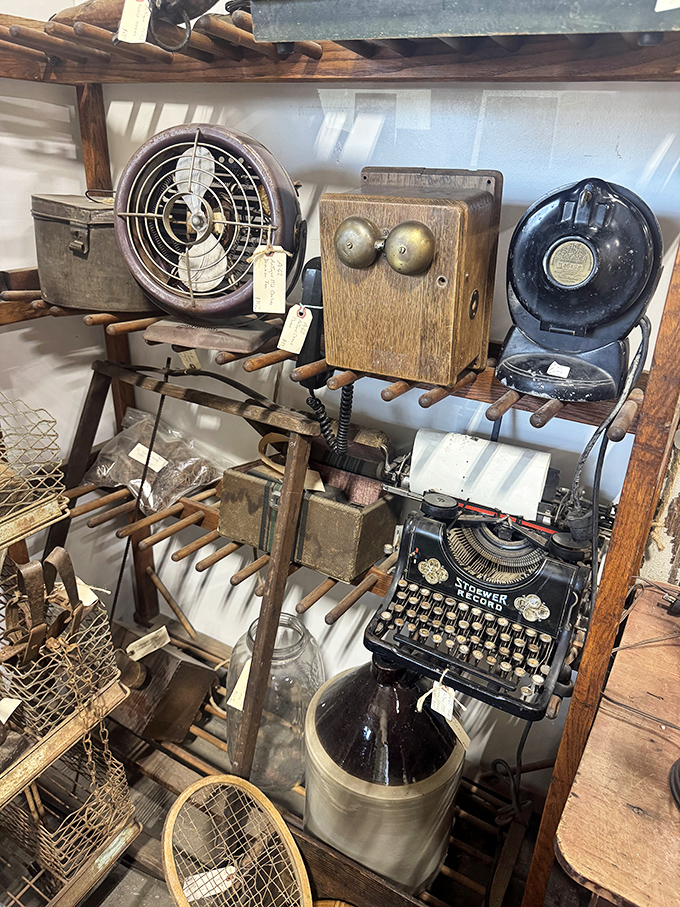 Antique fans, typewriters, and mysterious gadgets showcase ingenuity from an era of beautiful mechanical craftsmanship.