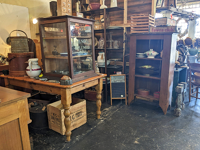 That antique display case has probably showcased everything from penny candy to pocket watches, now housing memories for sale.