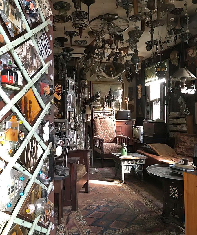 Step inside, where even the ceiling becomes a repository for treasures. This living room makes your eccentric aunt's collection look minimalist.