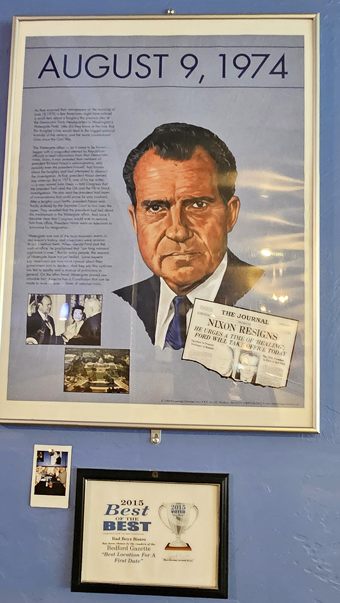 Wall decorations that tell stories of American history alongside the restaurant's own accolades &ndash; including "Best Location for a First Date."