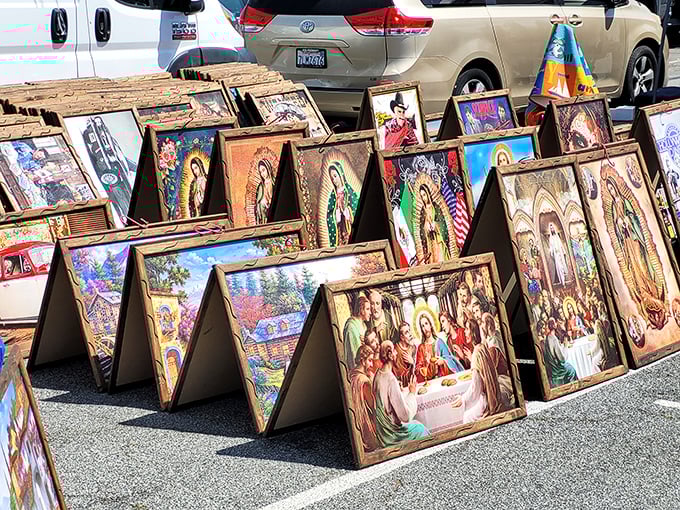 Religious iconography meets artistic expression in this outdoor gallery. Each framed piece tells stories of faith, tradition, and cultural heritage.