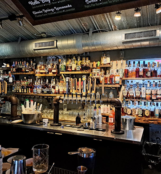 The bar area transforms from morning coffee spot to evening watering hole, where Florida spirits flow as freely as the conversation.