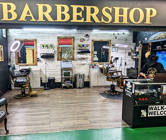 This isn't just a haircut—it's a barbershop experience with style to spare. The gold lettering sets expectations high.