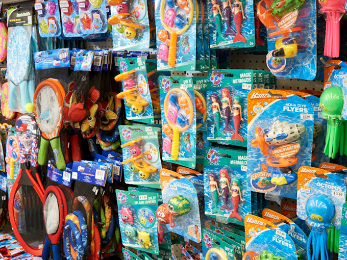 Summer splash zone – where mermaid-themed pool toys and water gadgets await their moment in the Pennsylvania sun.