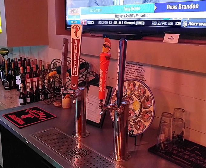 Beer taps standing at attention, ready to complement your seafood choices with liquid encouragement.