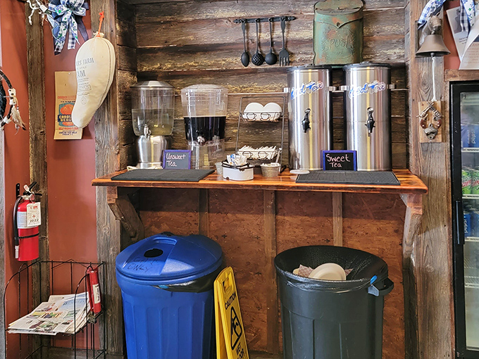 The self-serve beverage station, where sweet tea flows freely and conversations between strangers begin with "Excuse me, is that the unsweetened?"
